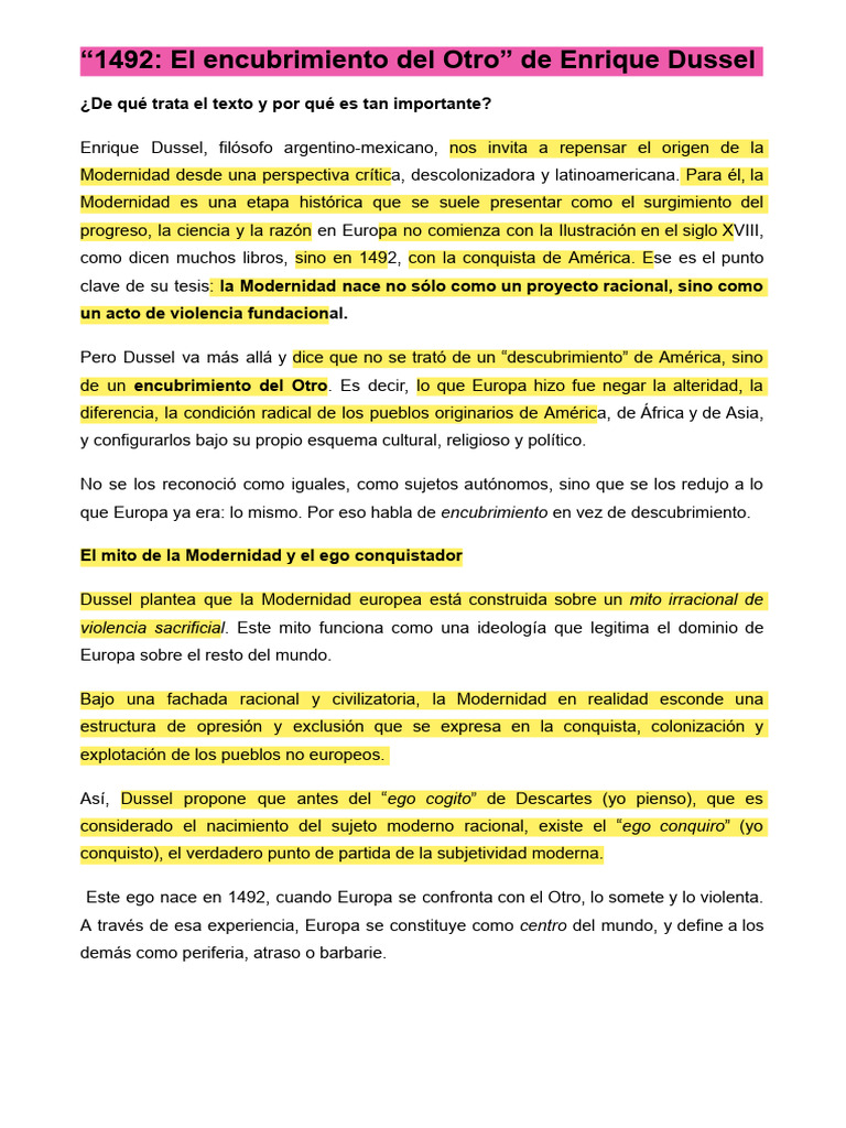 "1492 - El Encubrimiento Del Otro" de Enrique Dussel | PDF | Immanuel Kant | Georg Wilhelm ...
