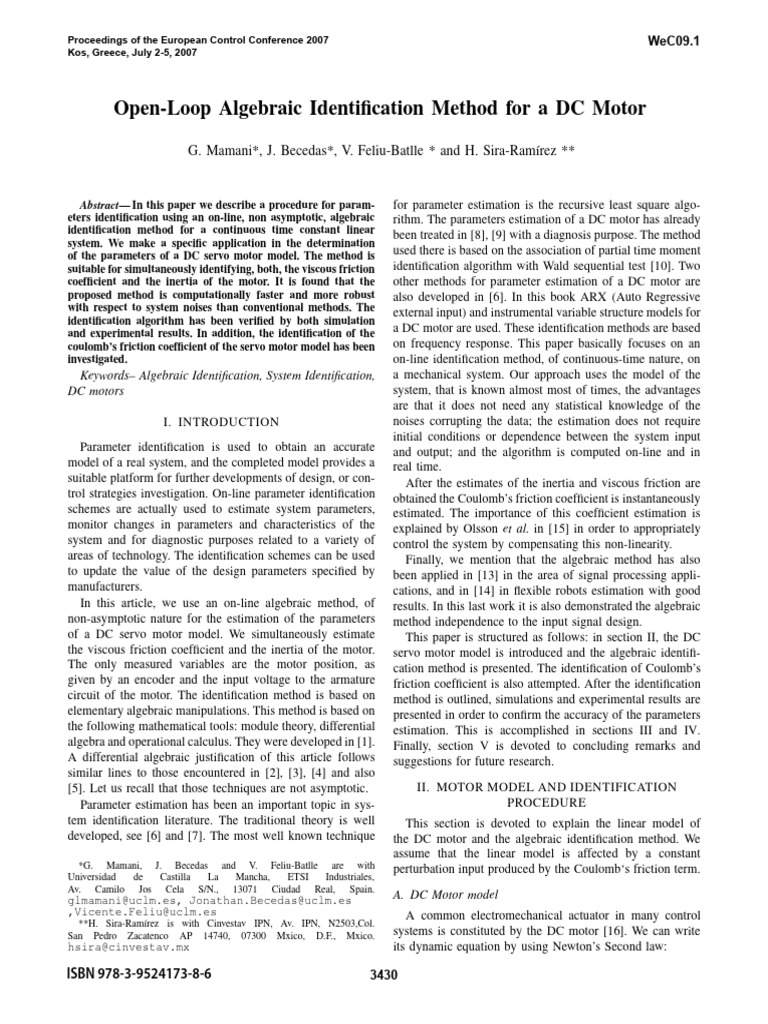 2007 - Mamani Et Al - Open-Loop Algebraic Identification Method For A DC Motor | PDF | Friction ...
