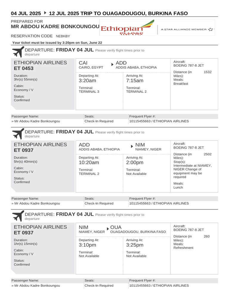 Travel Reservation July 04 For MR Abdou Kadre Bonkoungou | PDF ...