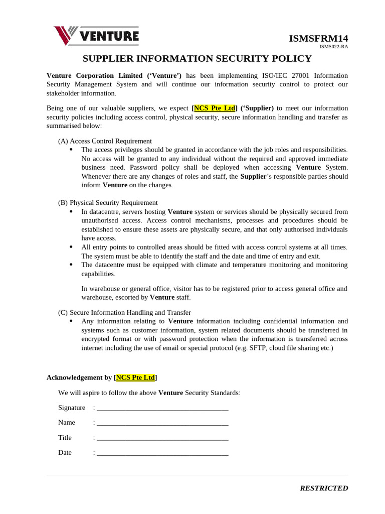 ISMSFRM14 (A) - Supplier Information Security Policy - NCS | PDF ...