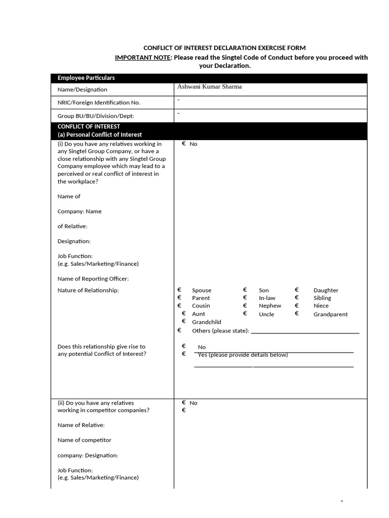 06 - Conflict of Interest - Declaration Form 1 | PDF | Family ...