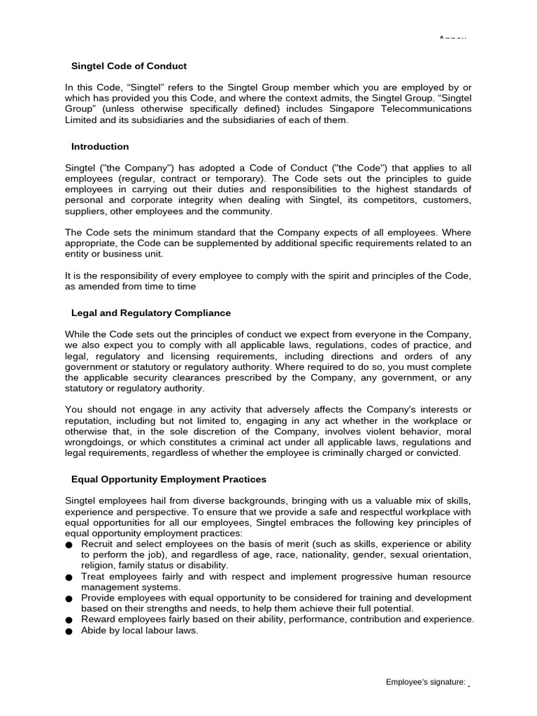 05 - Singtel Code of Conduct - Annex A 1 | PDF | Harassment | Trade Secret