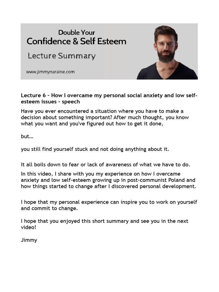 Lecture 6 - How I Overcame My Personal Social Anxiety and Low Self-Esteem Issues - Speech | PDF