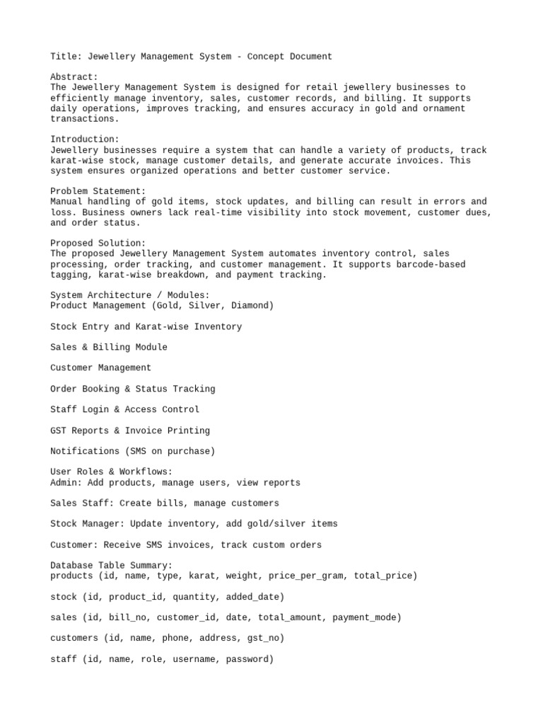 Title Jewellery Management System | PDF