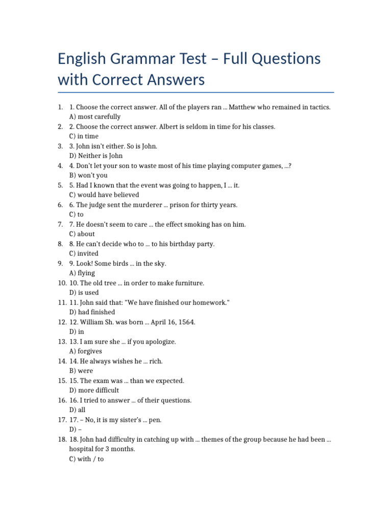 English Grammar Test Answers | PDF | Chess | Chess Theory