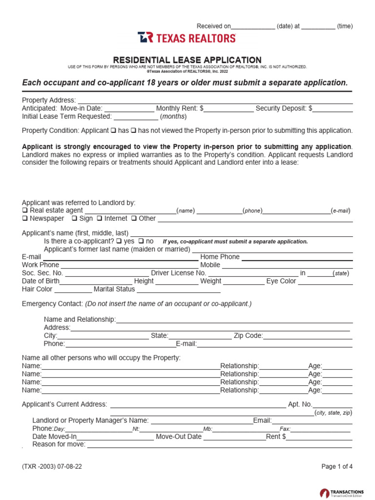 TAR Residential Lease Application Form | PDF | Leasehold Estate | Lease