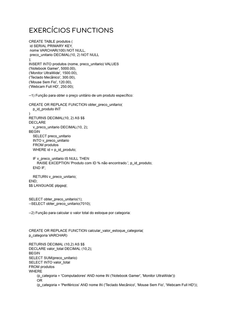 Exercícios Functions | PDF | SQL | Postgre SQL
