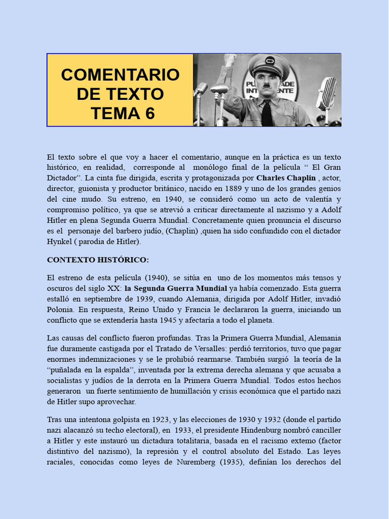 Comentario de Texto Historia Tema 5 | PDF | Alemania nazi | Adolf Hitler