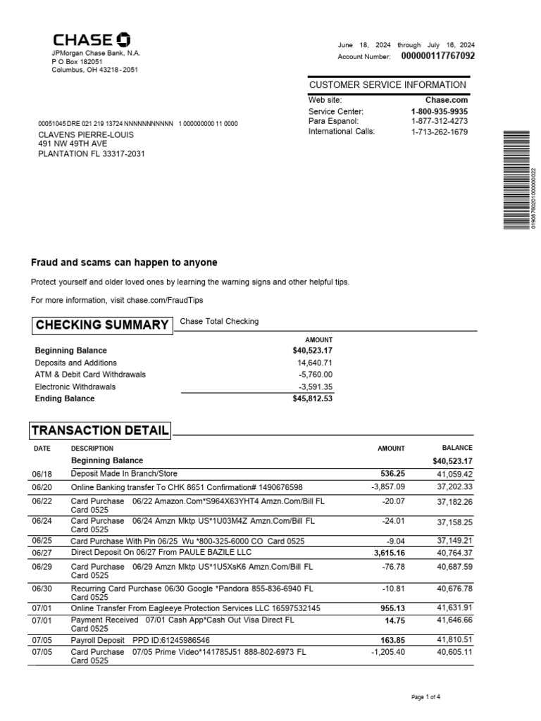 Chase Total Checking Account Statement | PDF | Payments | Visa Inc.