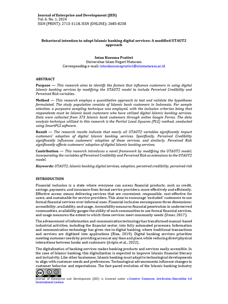 Behavioral Intention To Adopt Islamic Banking Digital Services A Modified UTAUT2 Approach | PDF ...