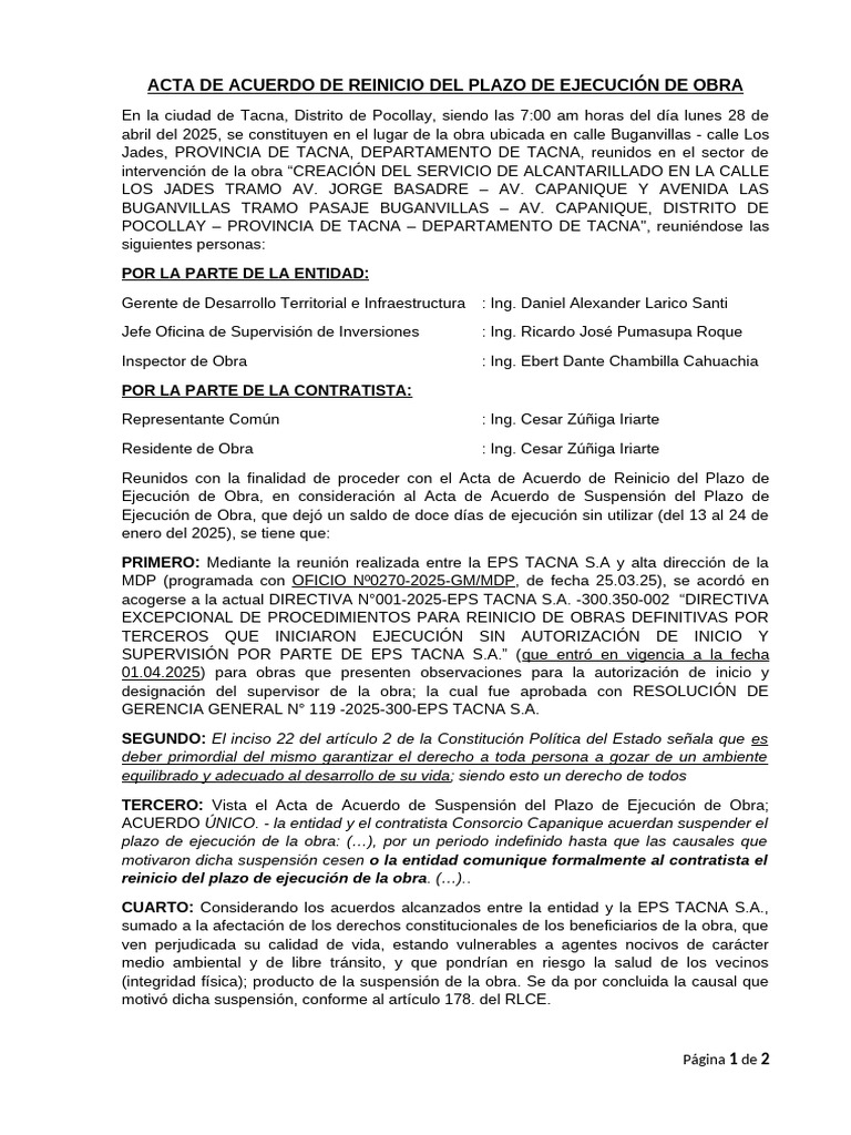 Modelo - Acta de Reinicio N°01 de Obra | PDF | Gobierno