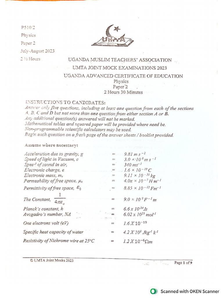 Umta Uace Phy Paper 2 2023 | PDF