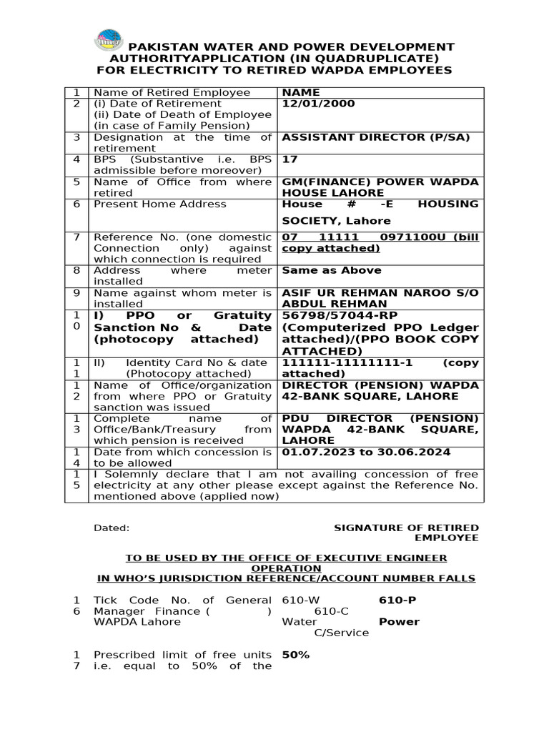 WAPDA Free Electricity Application Form | PDF