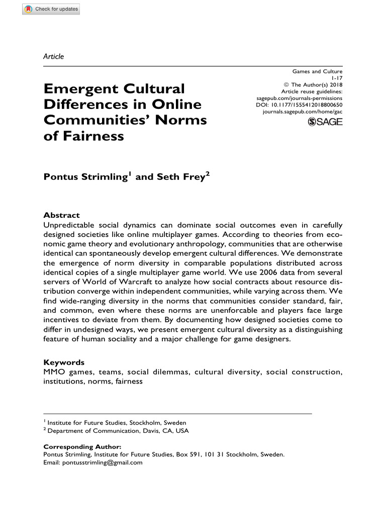 Emergent Cultural Differences | PDF | Game Theory | World Of Warcraft