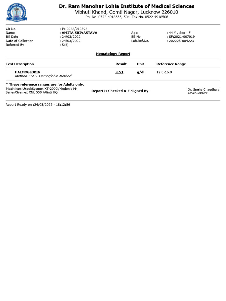 Vibhuti Khand, Gomti Nagar, Lucknow 226010: Method: SLS-Hemoglobin Method | PDF