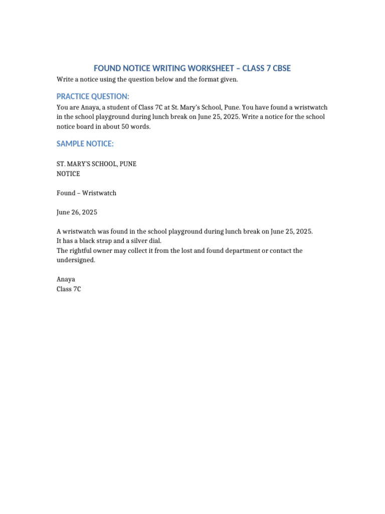 Found Notice Writing Worksheet Class 7 | PDF