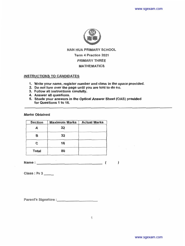 2021-P3-Maths-Practice Paper 4-Nan Hua | PDF