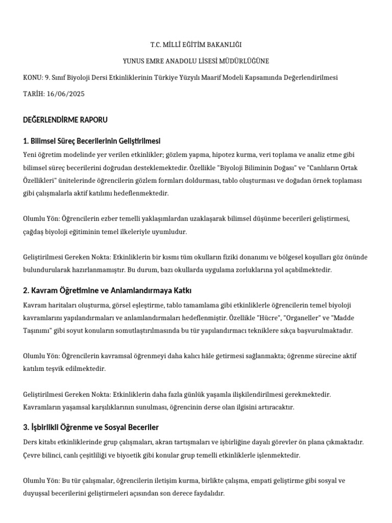 Sınıf Maarif SENE SONU DEĞERLENDİRME RAPORU | PDF