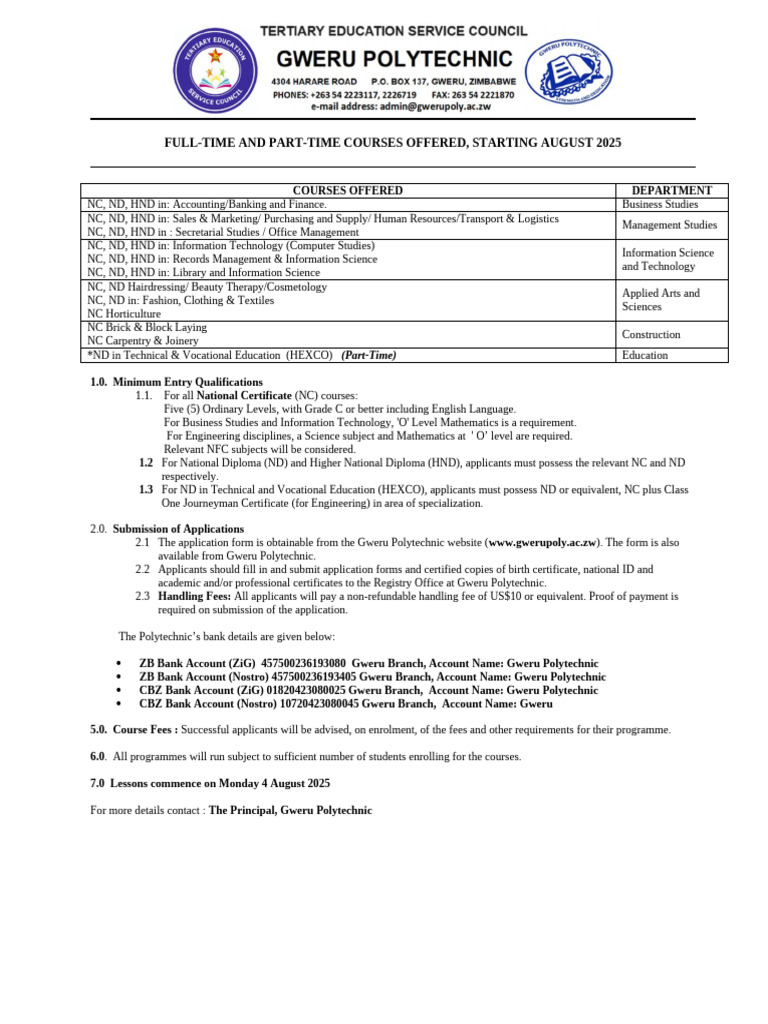 Advert For August 2025 Intake - Gweru Polytechnic - 9-6-2025 | PDF ...