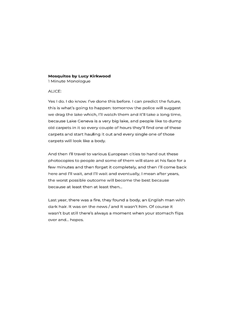 Alice Monologue - Mosquitos by Lucy Kirkwood | PDF