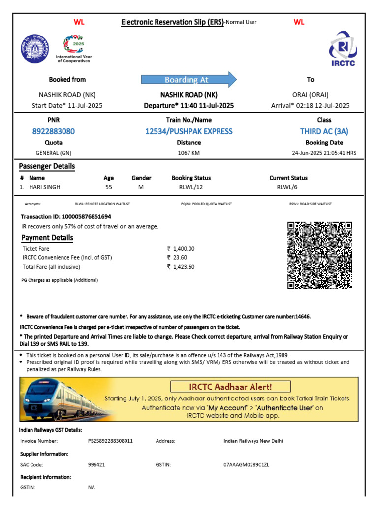 12534/pushpak Express Third Ac (3A) : WL WL | PDF | Identity Document