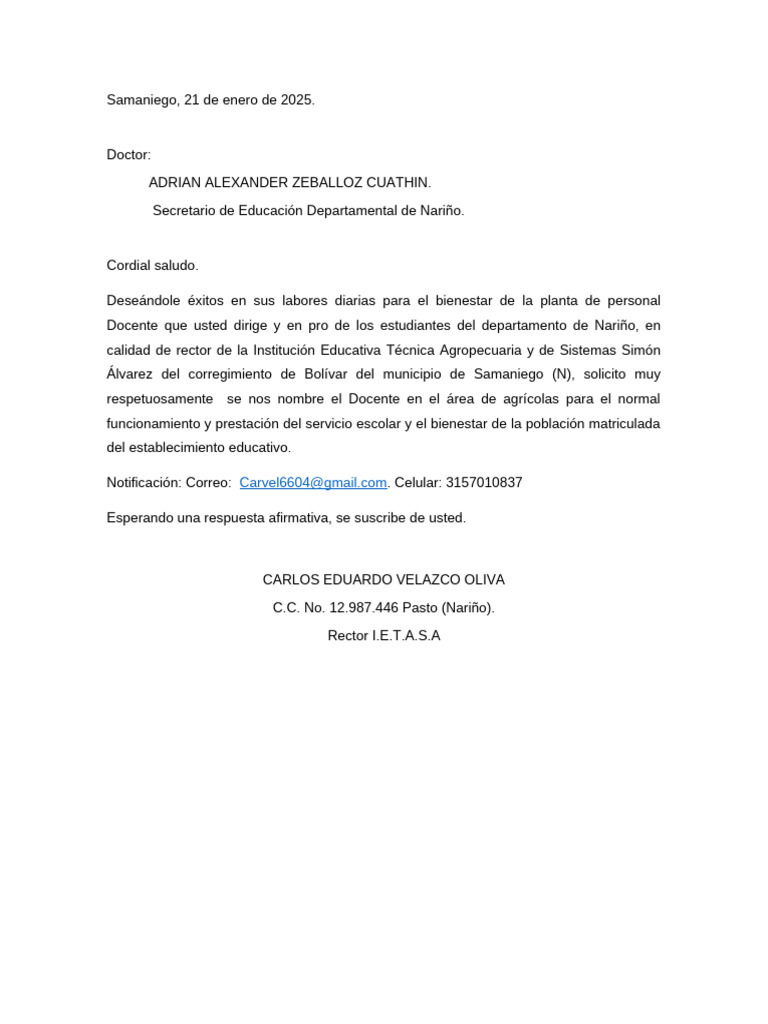 Solicitud Nombramiento Docente I.E. Simon Alvarez | PDF