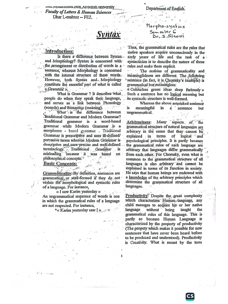 Morpho-Syntax Part 1 | PDF