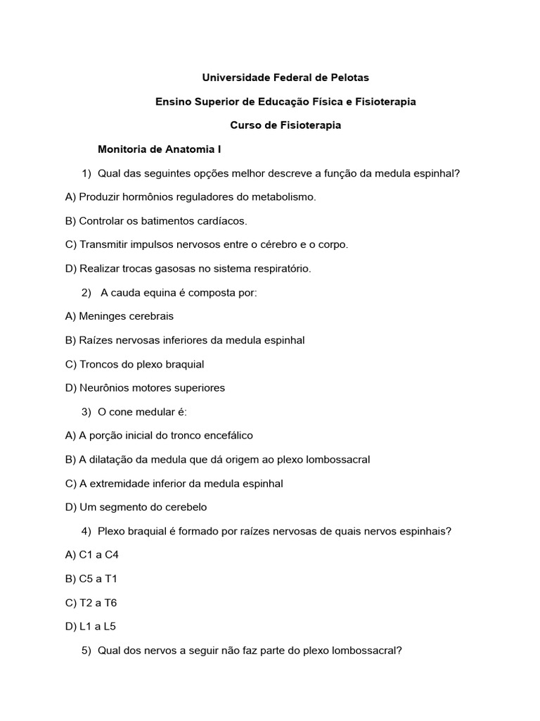 Medula Espinhal, Plexo Braquial e Lombossacral | PDF