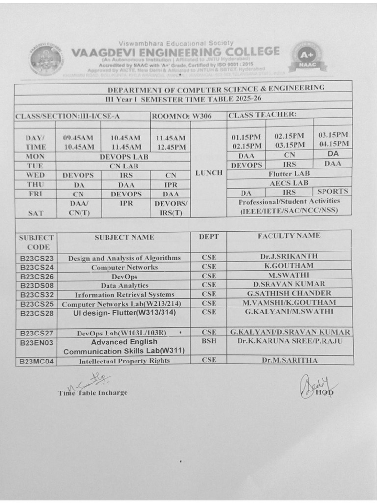Cse 3-1 Time Table | PDF