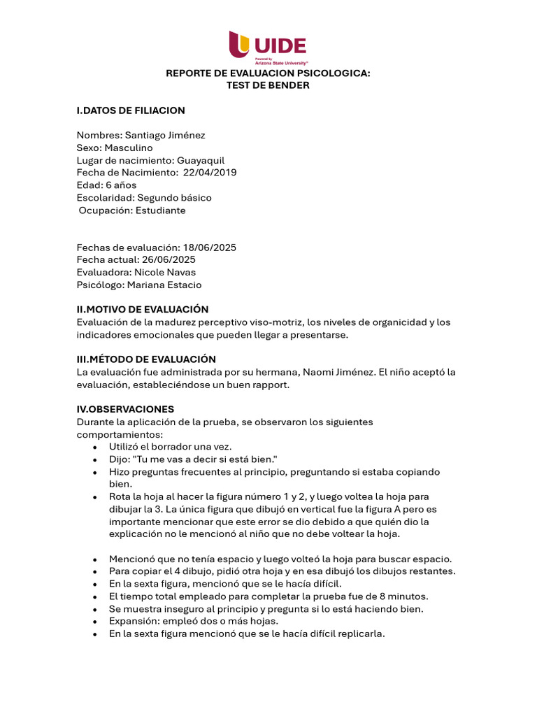 Test Bender - Nicole Navas | PDF | Conceptos psicologicos | Ciencias ...