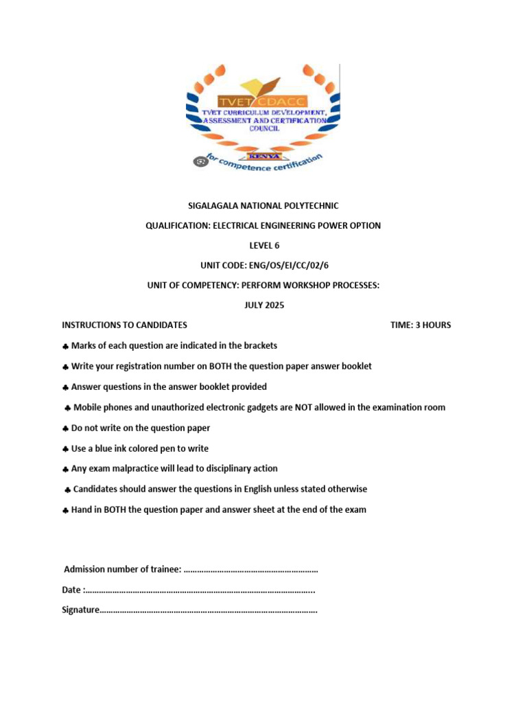 Workshop Processes Exam Level 6. | PDF | Personal Protective Equipment ...