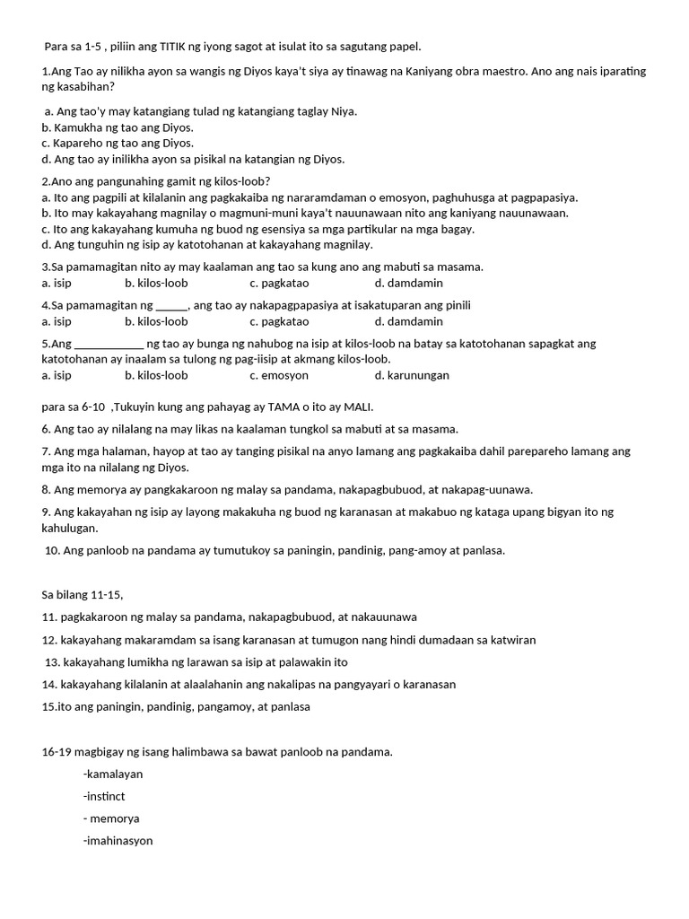 Quize in ESP 10 Day 1 | PDF