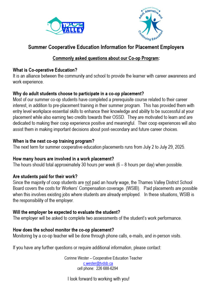 Summer Coop Info Sheet For Employers 2025 | PDF