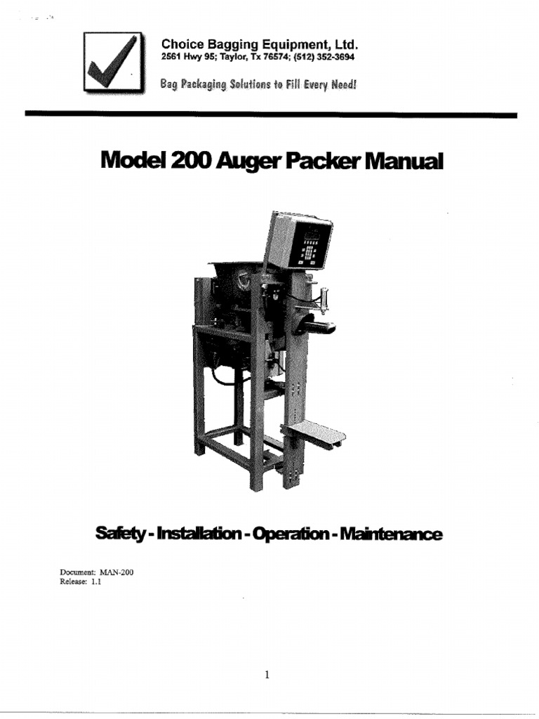 SWECO Bagger Manual (Model 200 Auger Packer Choice Bagging Equipment) | PDF