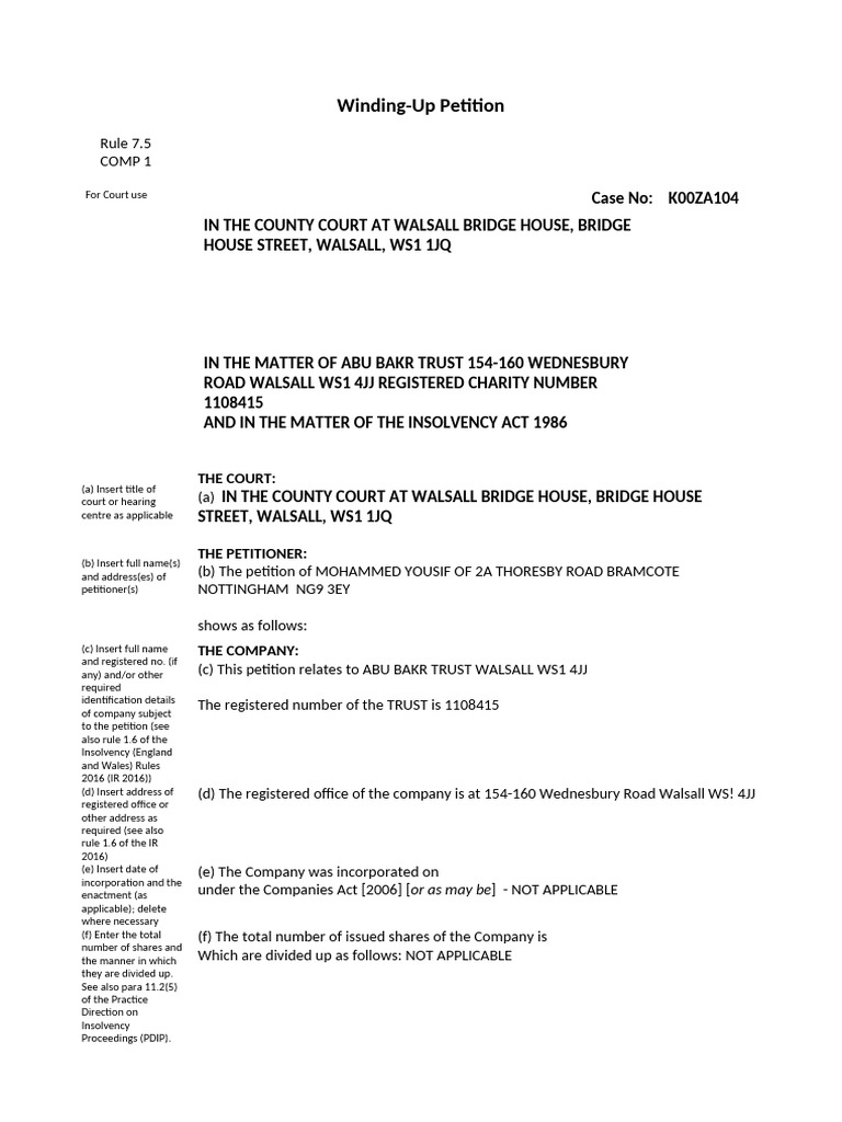 Winding-Up Petition for Abu Bakr Trust | PDF | Bankruptcy | Liquidation