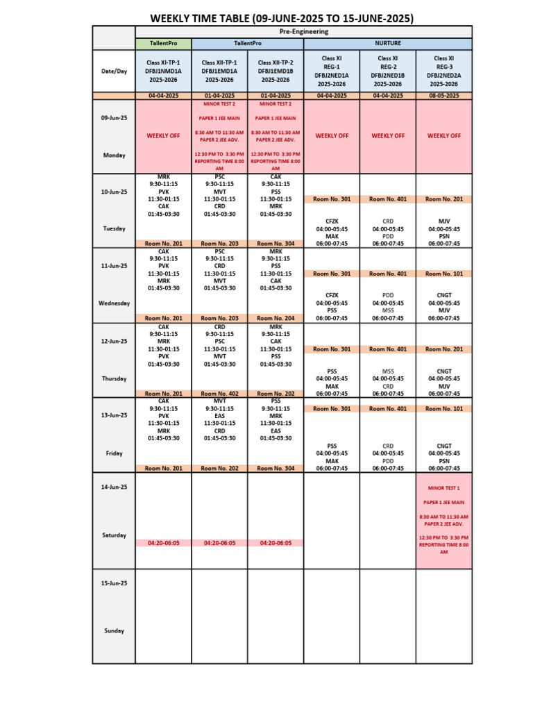 Jee Timetable 09.06-15.06 New) | PDF