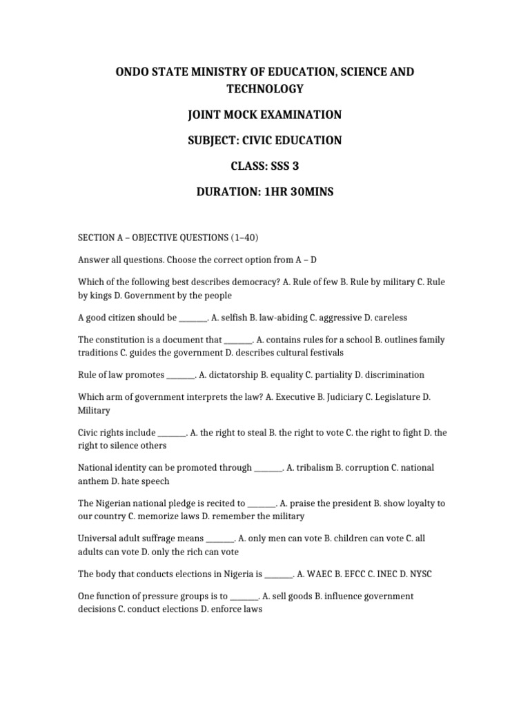 NECO 2025 Civic Education Mock Exam | PDF | Citizenship | Nigeria
