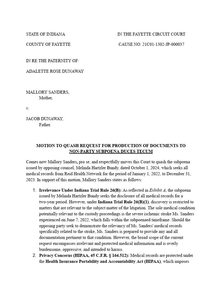 Quash Subpoena Duces Tecum | PDF | Subpoena Duces Tecum | Discovery (Law)