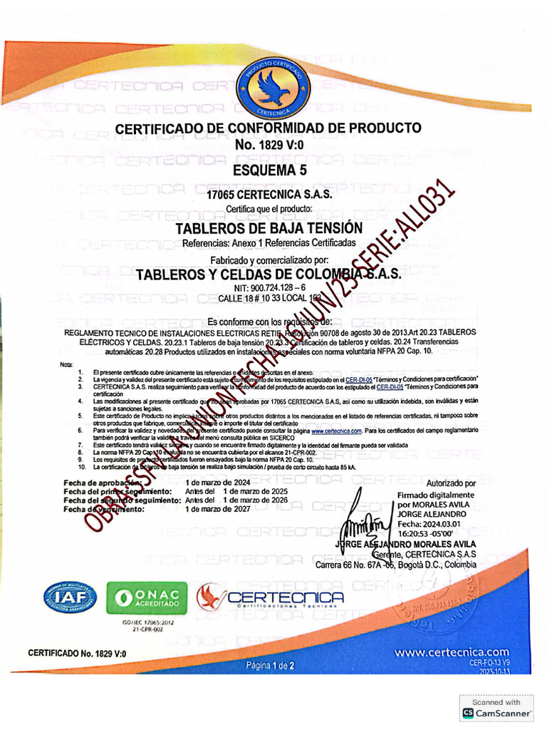 Certificado Retie Tablero Baja Tensión - La Unión | PDF