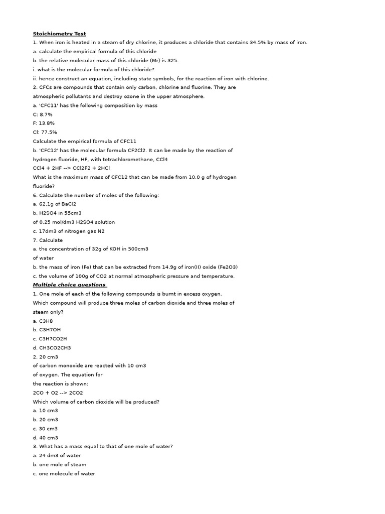 Stoichiometry Test Questions and Solutions | PDF | Mole (Unit) | Chlorine