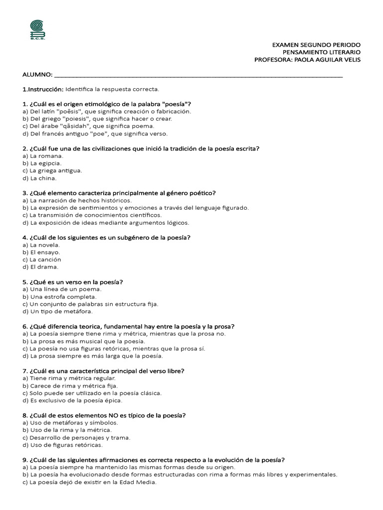 Examen Segundo Periodo | PDF | Poesía | Metro (poesía)