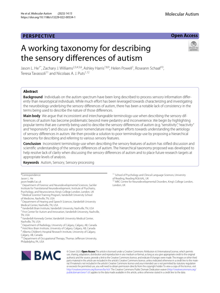 A Working Taxonomy For Describing Sensory Differences of Autism | PDF ...