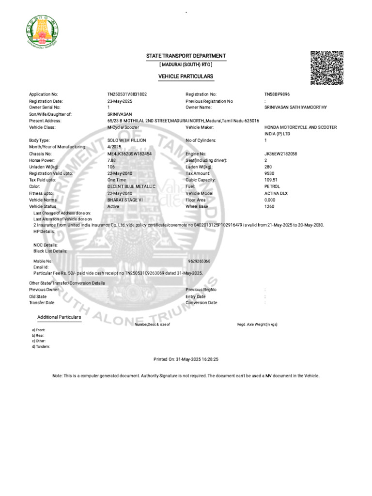 Vehicle Registration Details for TN58BP9896 | PDF | Automotive Industry ...