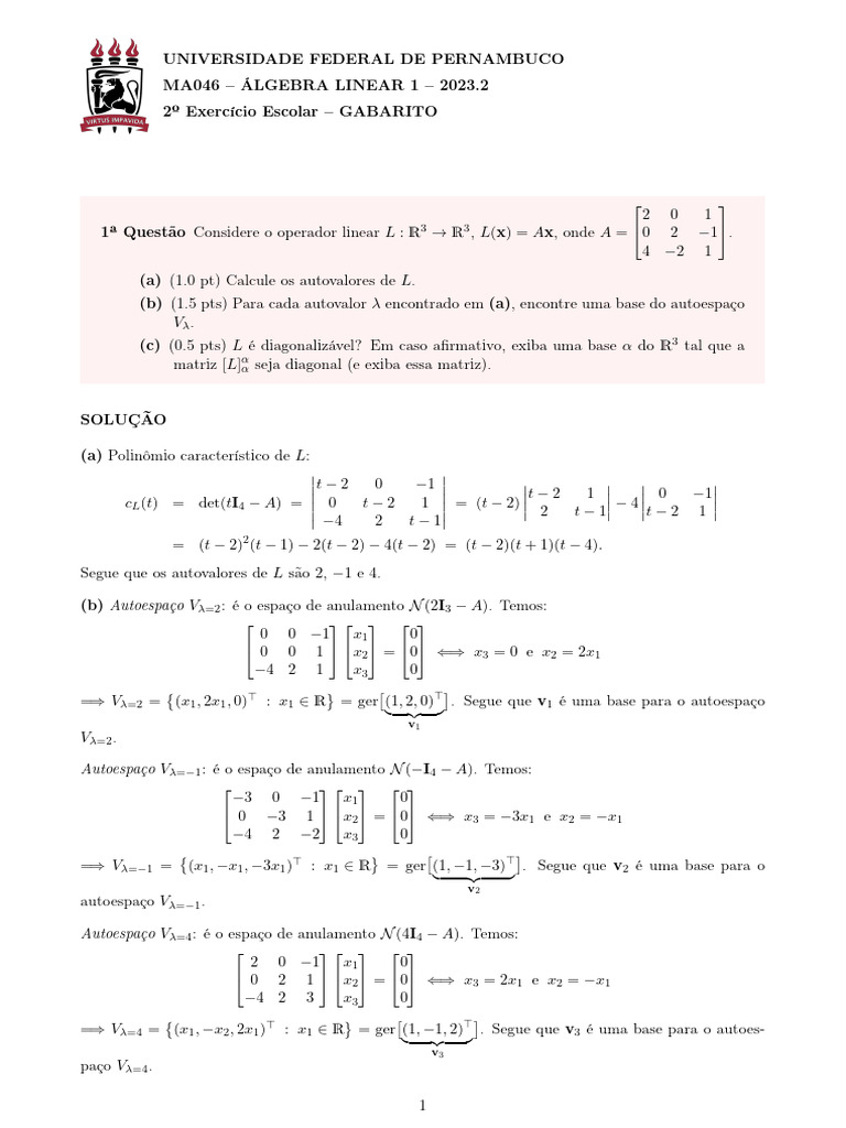 Gabarito para Area 2 - Prova 2 Algebra Linear | PDF | Autovalores e autovetores | Álgebra abstrata