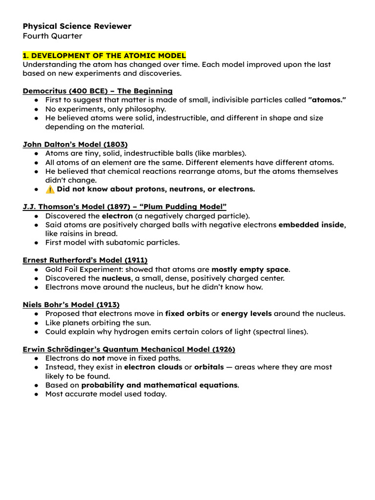 Physical Science Reviewer | PDF | Atoms | Electron