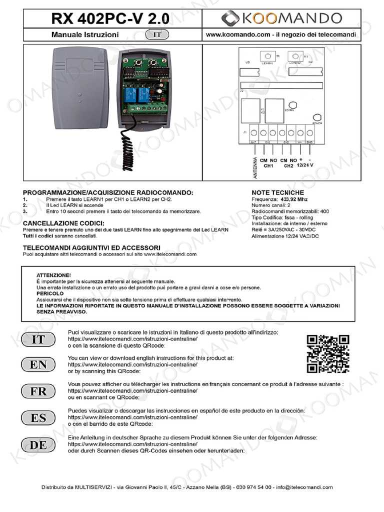 Manual Del Telecomando Puerta Garaje - RX402 | PDF
