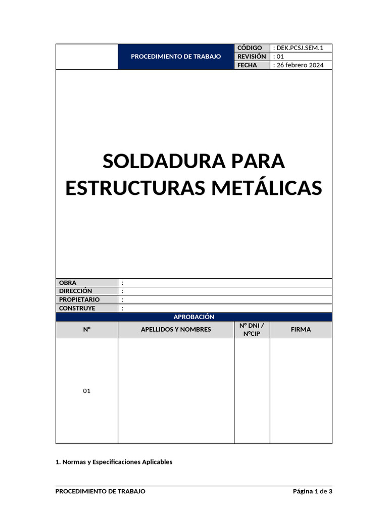 PROCEDIMIENTO DE TRABAJO - SOLDADURA DE ESTRUCTURAS MET LICAS - REV.01 | PDF | Soldadura ...