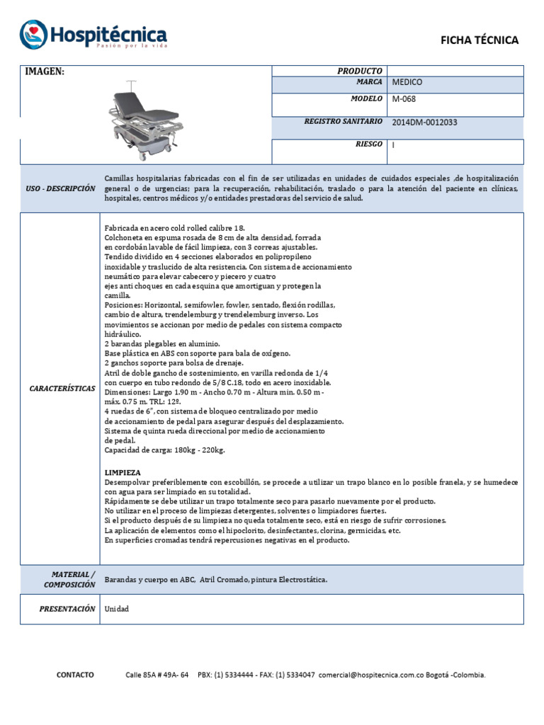 Ficha Tecnica - Camilla M-068 | PDF | Materiales