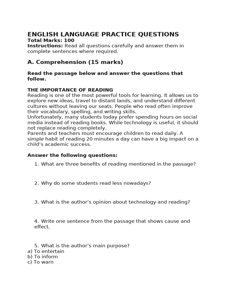 English Language Practice Questions | PDF | Part Of Speech | Reading ...