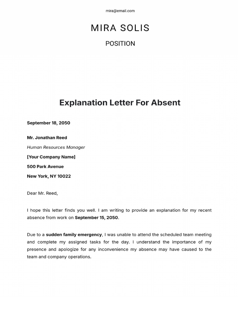 Explanation Letter For Absent Template | PDF